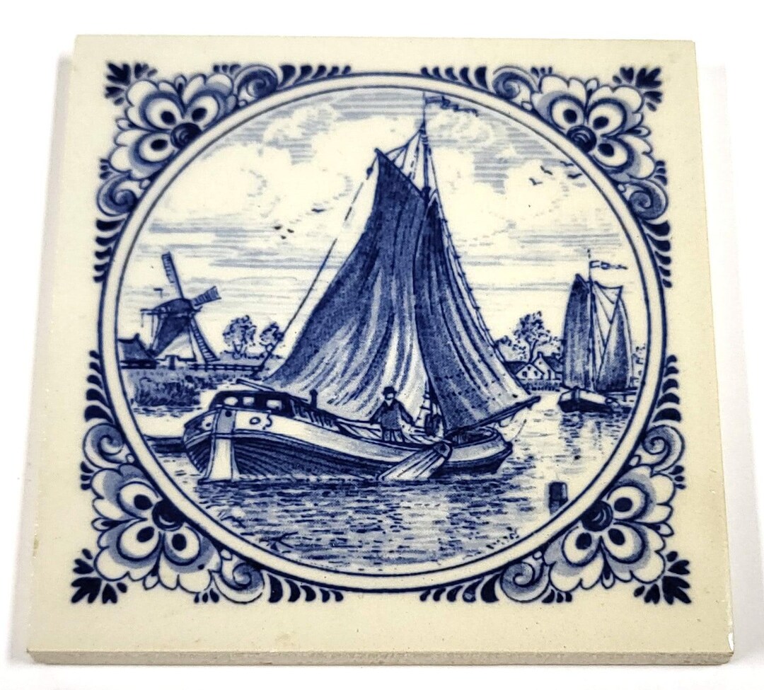 Vintage Blue Delft 3" Mini Tile Boats Windmill Scenery Schoonhoven ...