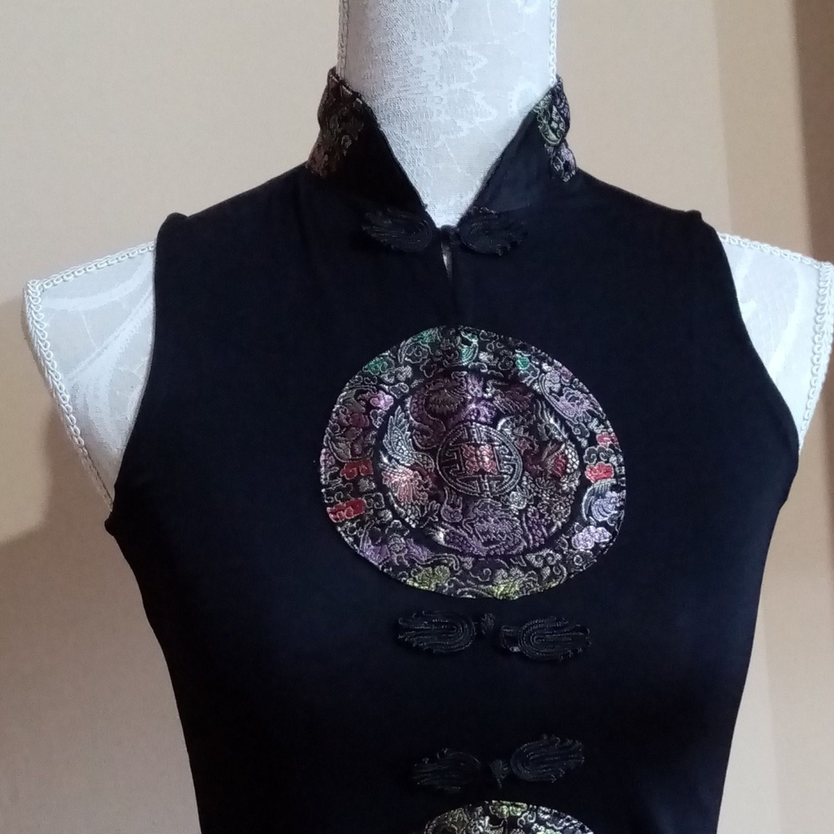 Vintage Oriental Asian Top,black Brown Gold Green Print Top,mandarin ...