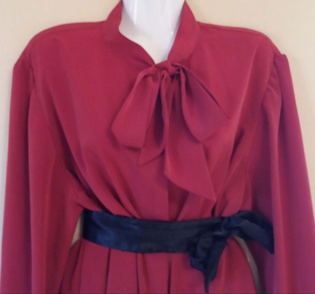 Vintage 80s Sewn Tie Bow Neck Ribbon Dark Red Blouse, Pussy Bow ...