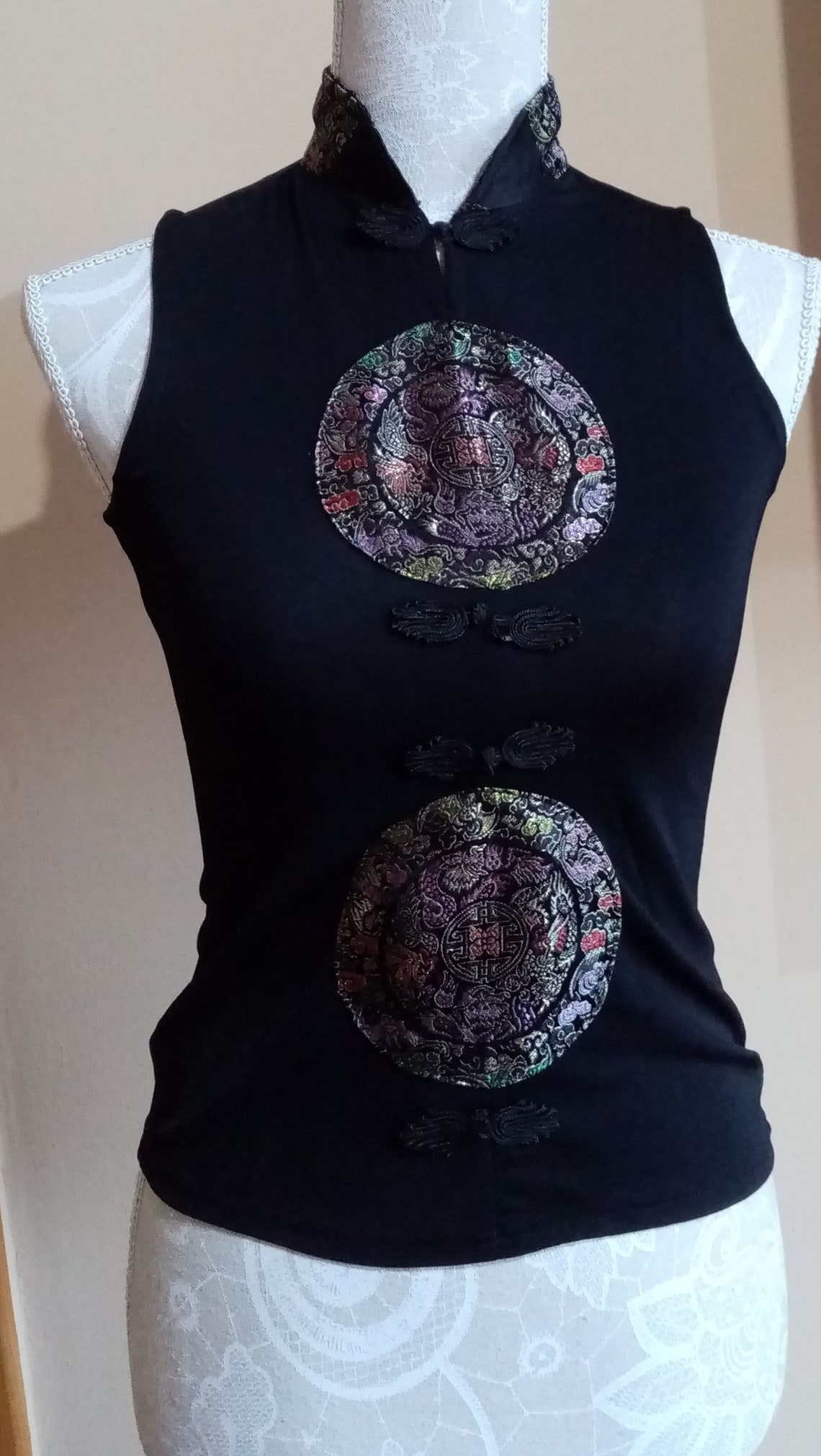 Vintage Oriental Asian Top,black Brown Gold Green Print Top,mandarin ...