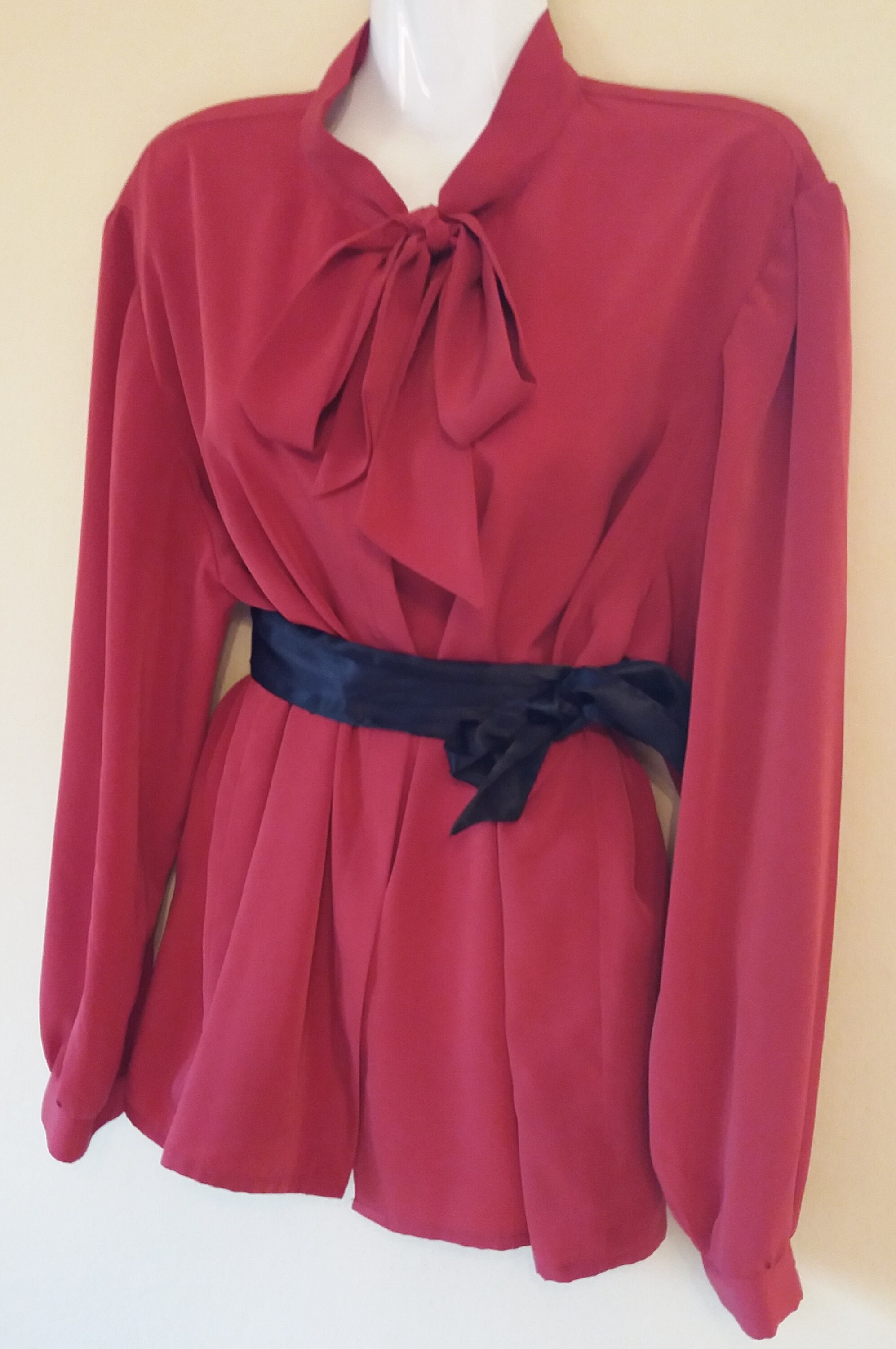 Vintage 80s Sewn Tie Bow Neck Ribbon Dark Red Blouse, Pussy Bow ...