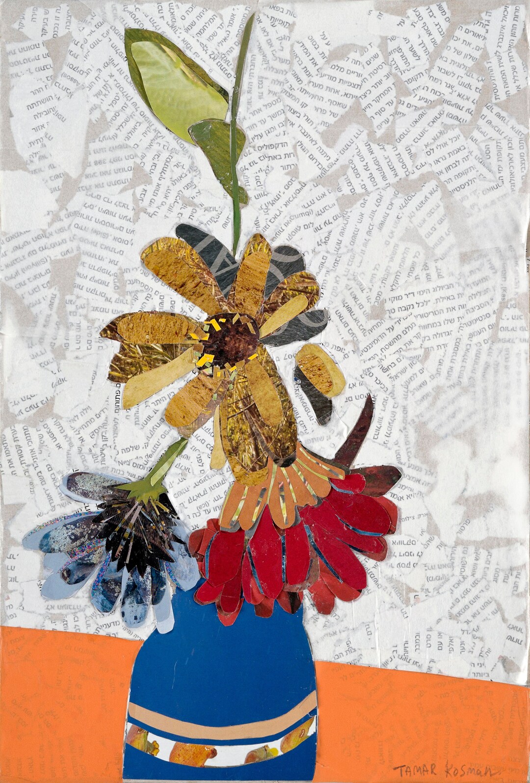 Pretty Flowers in a Vase, Paper Collage, High Quality Print on Paper ...