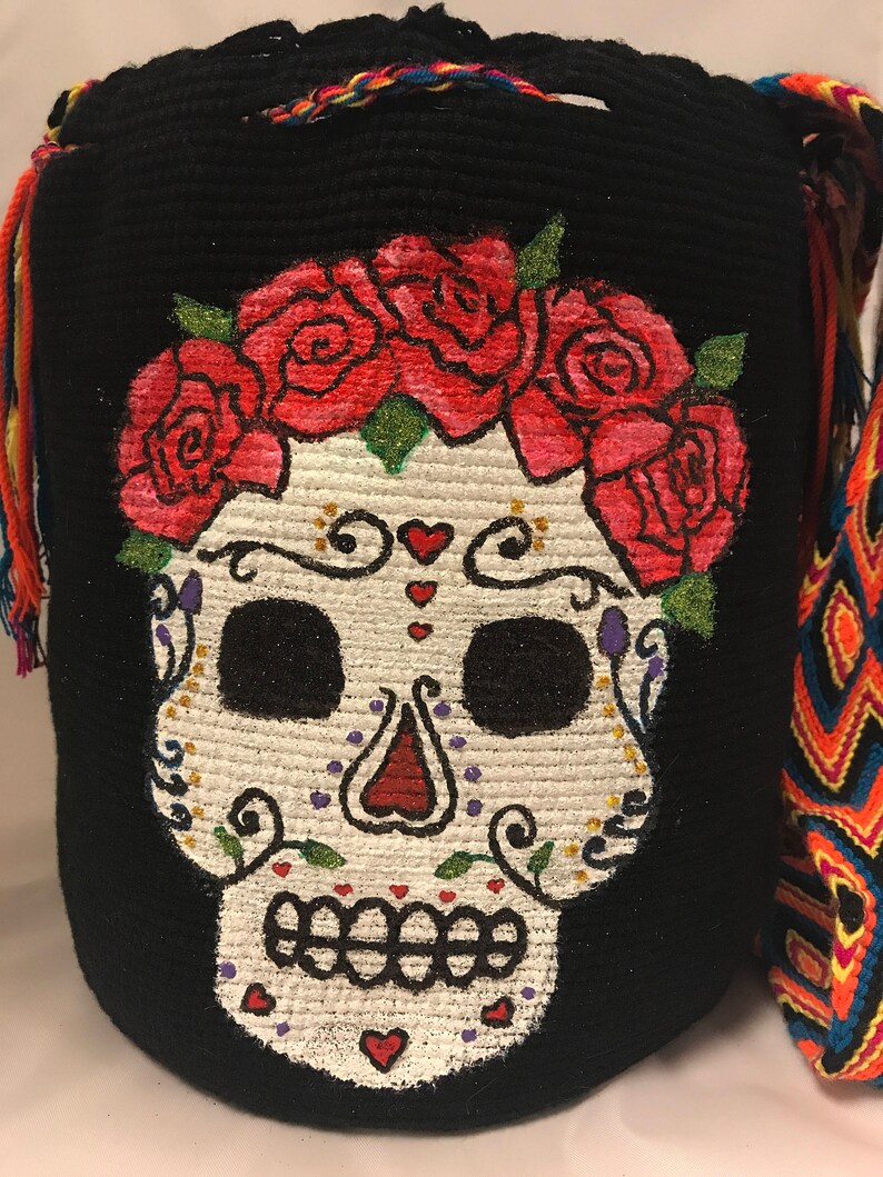 Gorgeoushand Painted Wayuu Bag Skull Candy Red Roses - Etsy