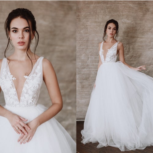 Tulle Wedding Dress Deep V Open Back 3d Flowers Ball Gown | Etsy Canada