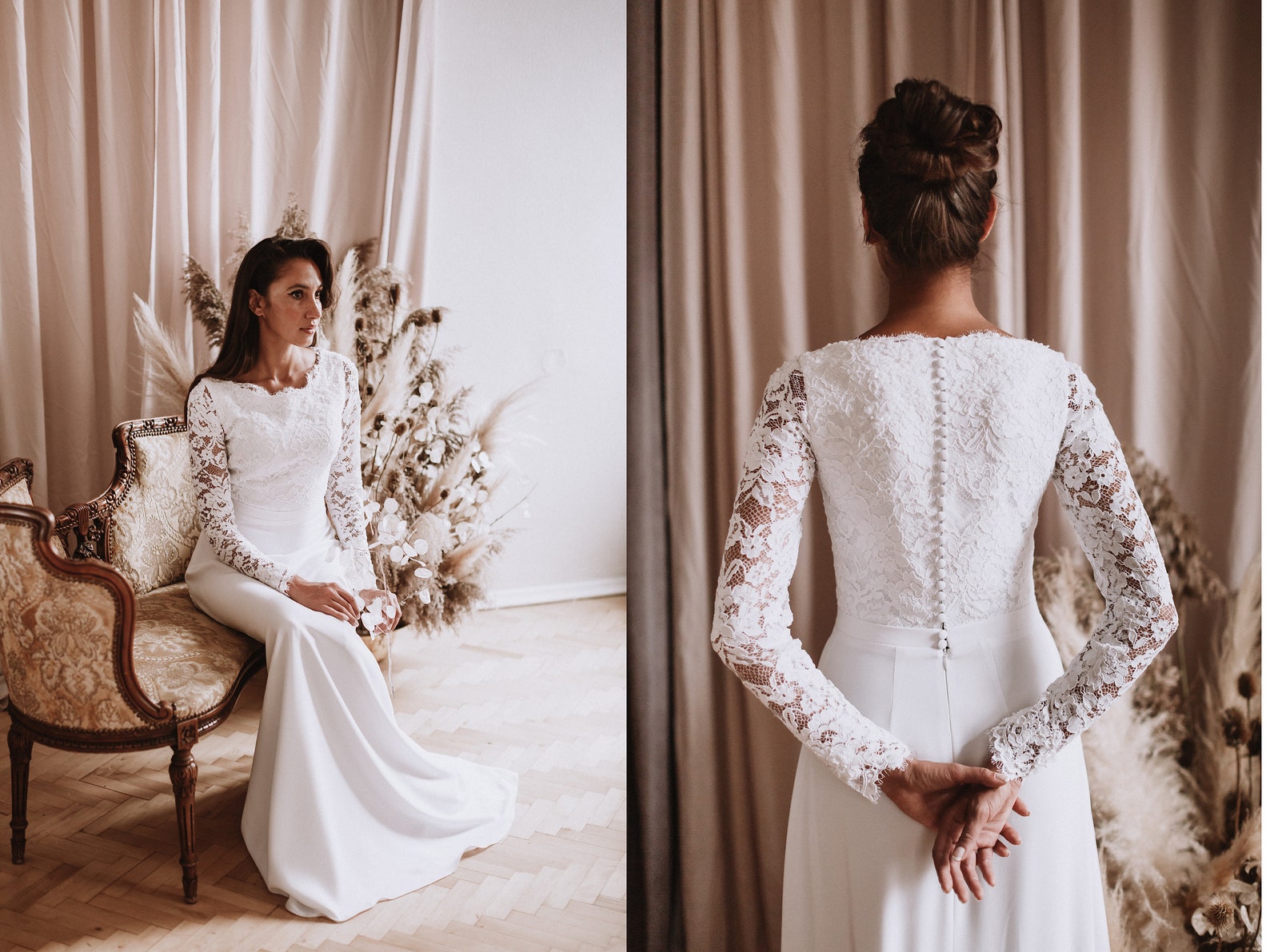 Modest Wedding Dress With Lace Bodice Long Lace Sleeves - Etsy
