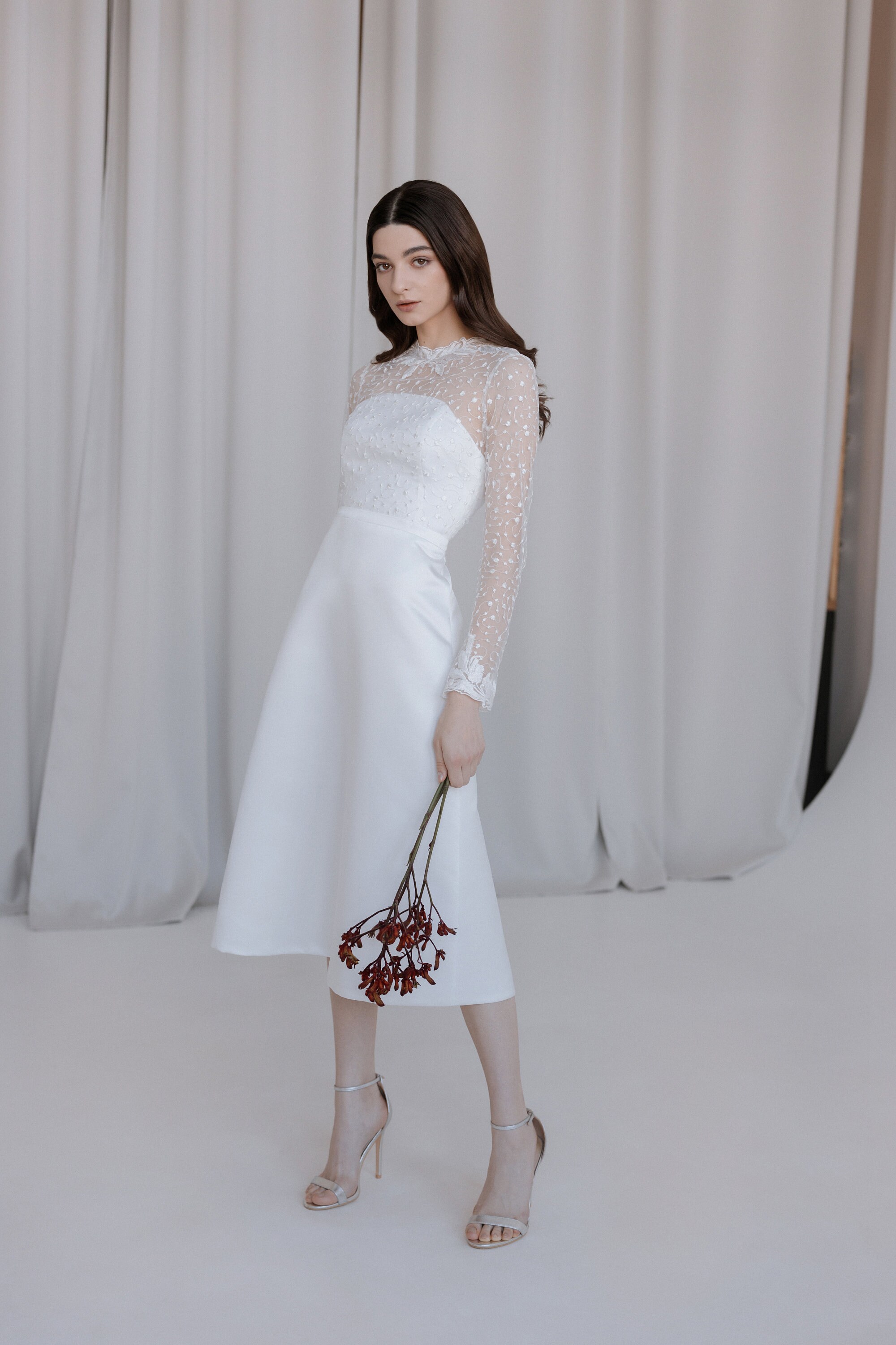 Simple & Modest Wedding Dress With Short Satin A-line Skirt, Long Lace ...