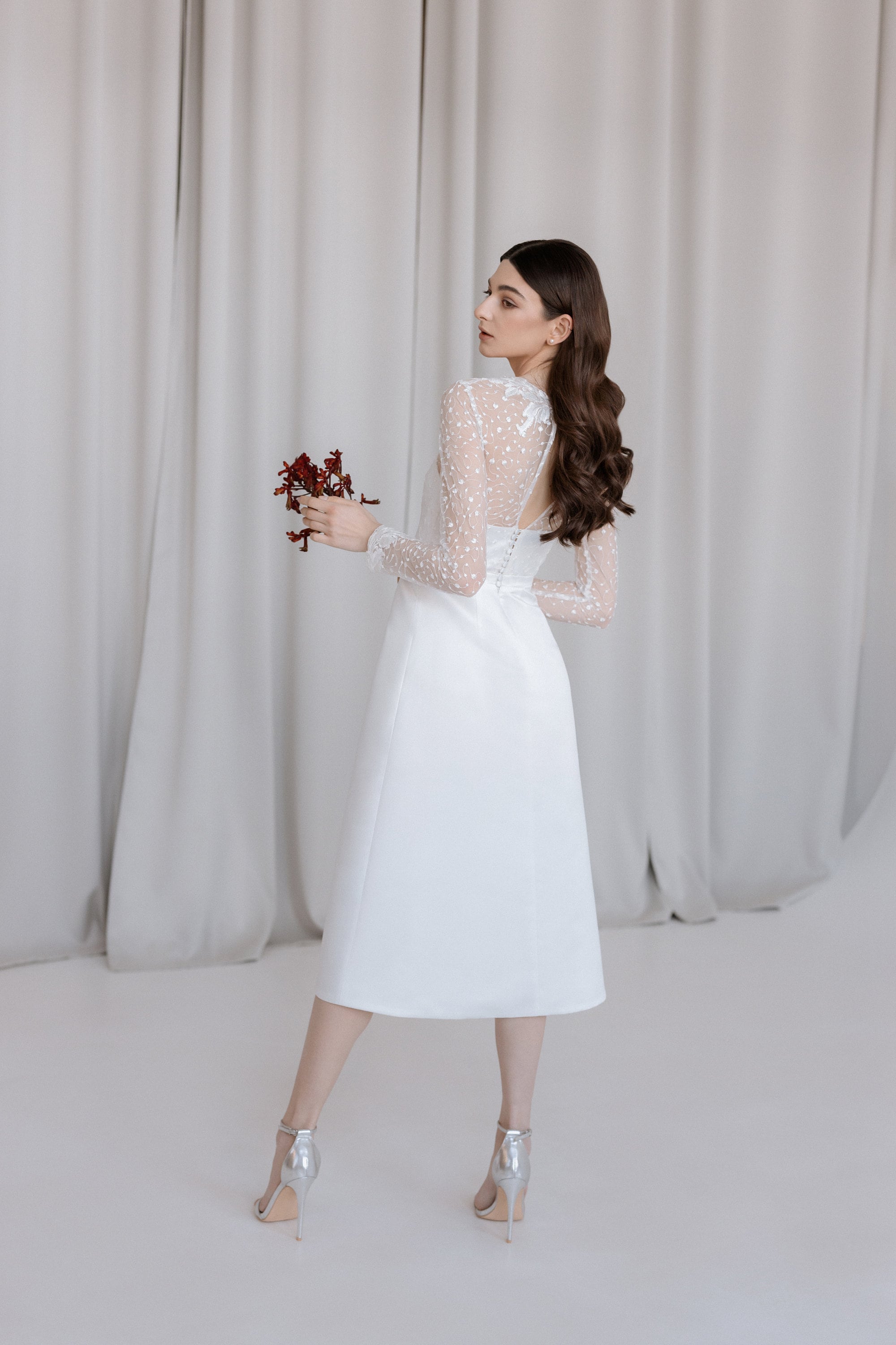 Simple & Modest Wedding Dress With Short Satin A-line Skirt, Long Lace ...