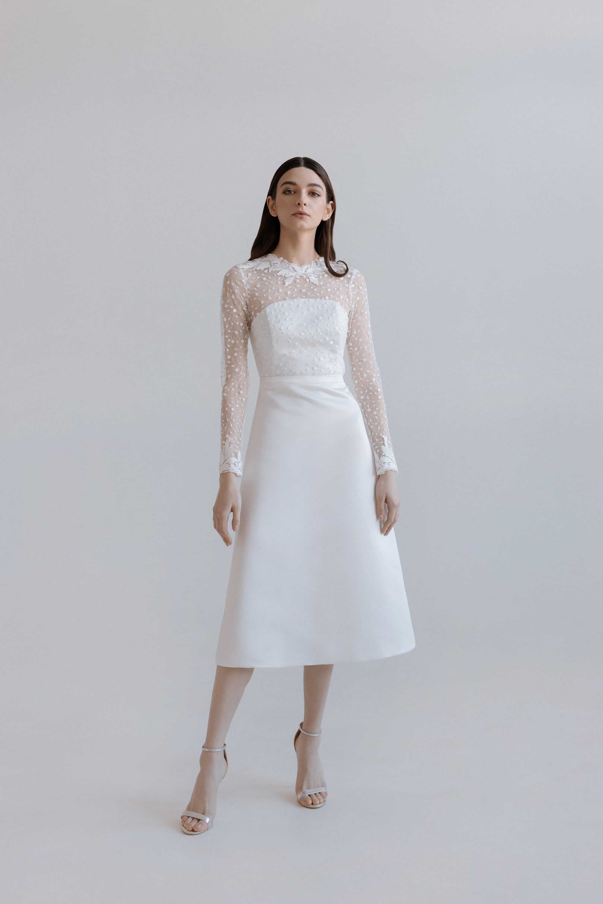 Simple & Modest Wedding Dress With Short Satin A-line Skirt, Long Lace ...