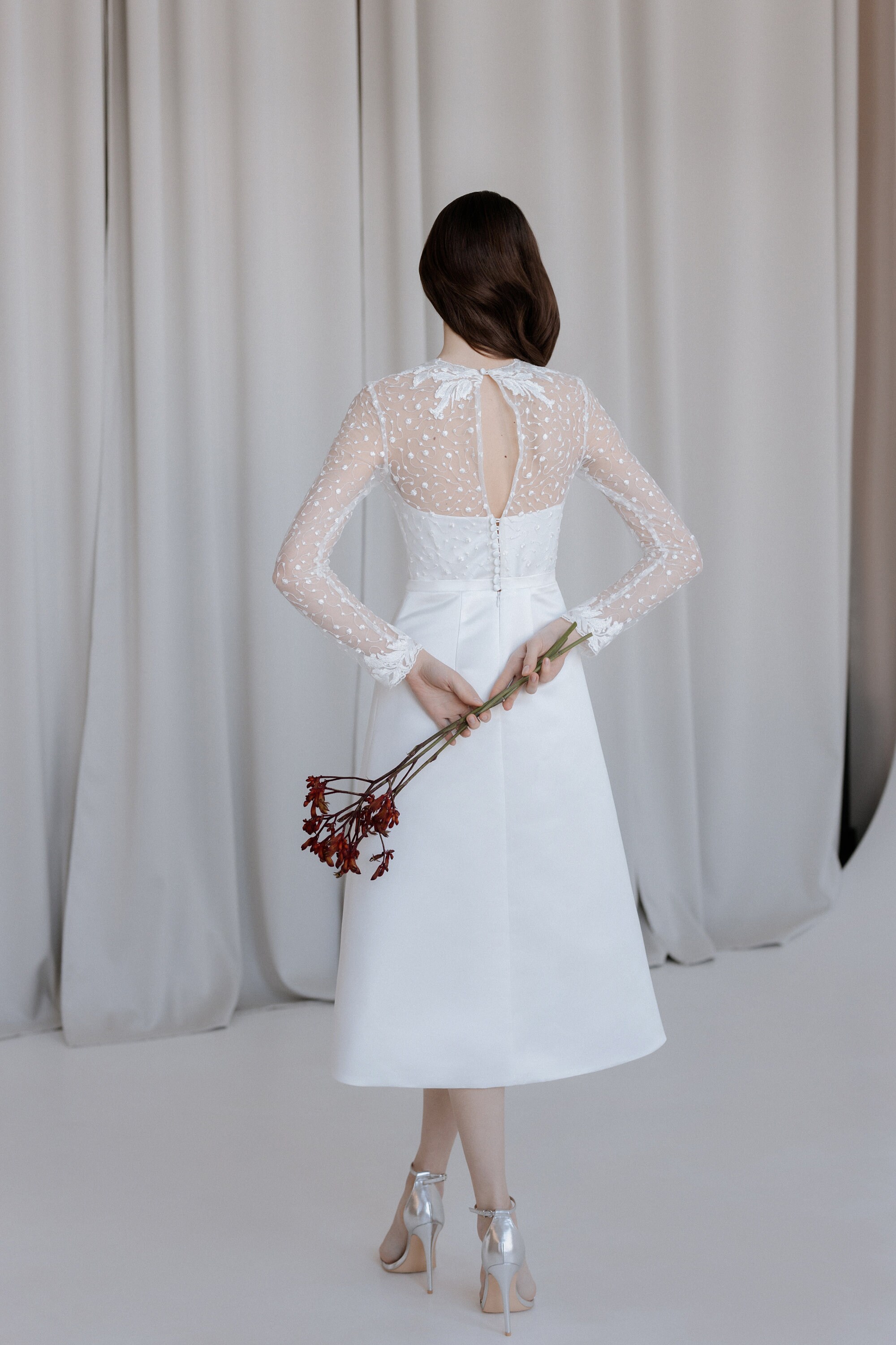 Simple & Modest Wedding Dress With Short Satin A-line Skirt, Long Lace ...