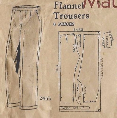 Vintage 1940's Sewing Pattern Men's Flannel Trousers
