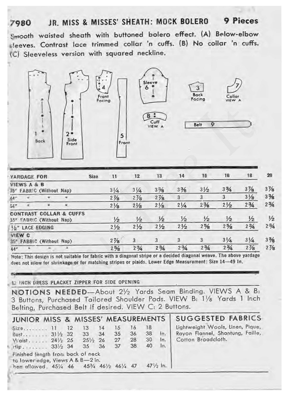 Vintage 1950's Sewing Pattern Wiggle Dress Bolero Effect | Etsy