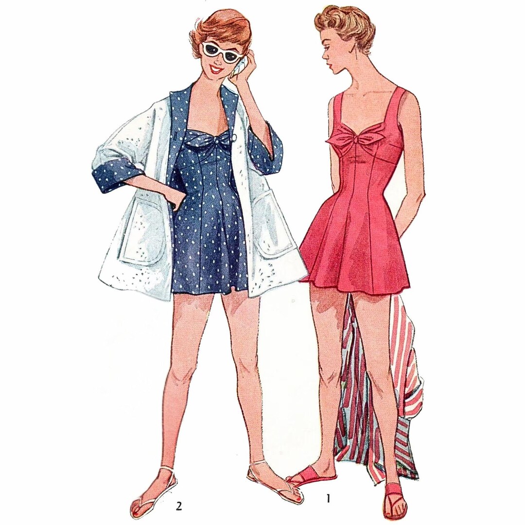 Vintage 1950s Sewing Pattern, One-piece Bathing Suit & Beach Coat ...