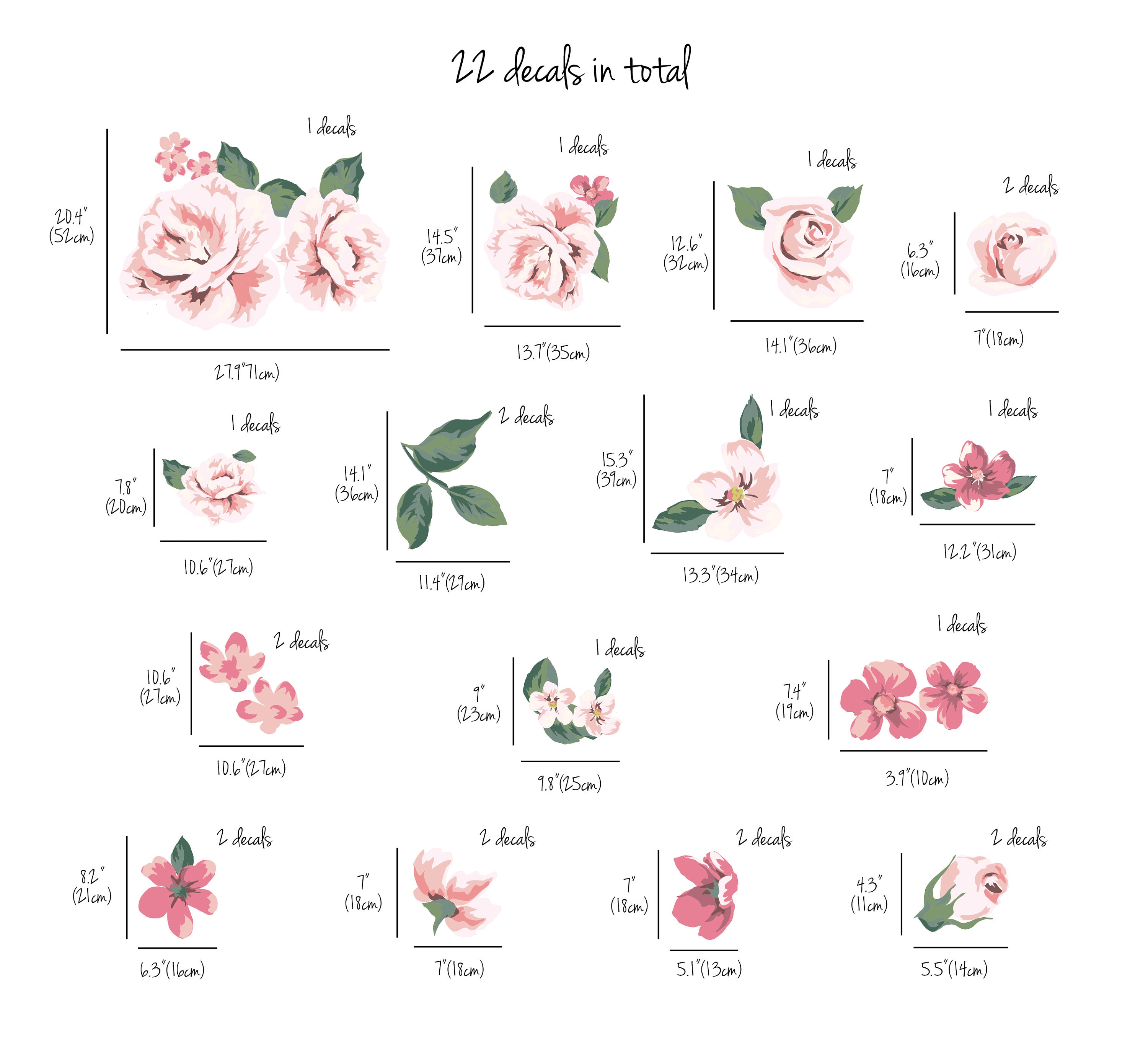 Retro Floral, Vinyl Set, Watercolor Wall Stickers, Life Size Decals ...