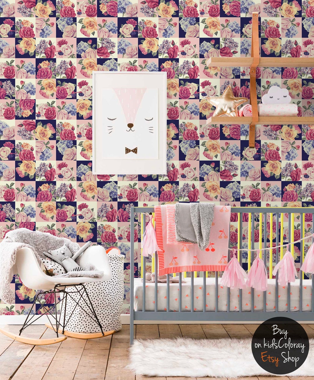 Retro Roses, Colorful Removable Wallpaper, Flowers Pattern, Kids Room ...