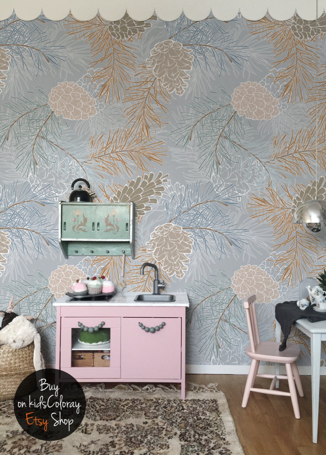 Taiga Pinecones, Blue Removable Wallpaper, Flowers Pattern, Kids Room ...