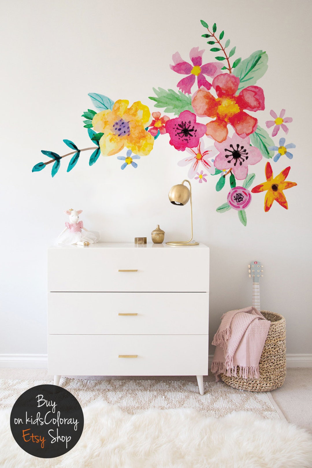 Colorful Floral, Vinyl Set, Watercolor Wall Stickers, Life Size Decals ...