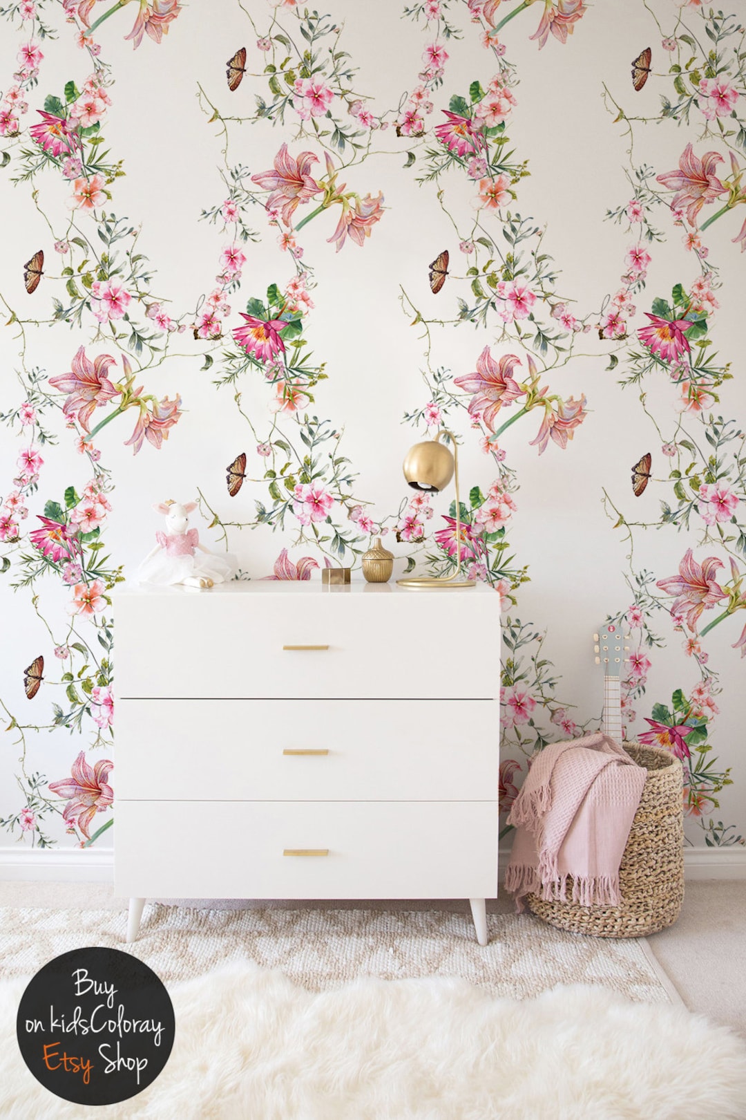 Dangle Bouquet, Pink Removable Wallpaper, Flowers Pattern, Kids Room ...