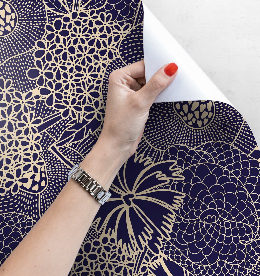 Dark Flowers, Navy Blue Removable Wallpaper, Flowers Pattern, Kids Room ...