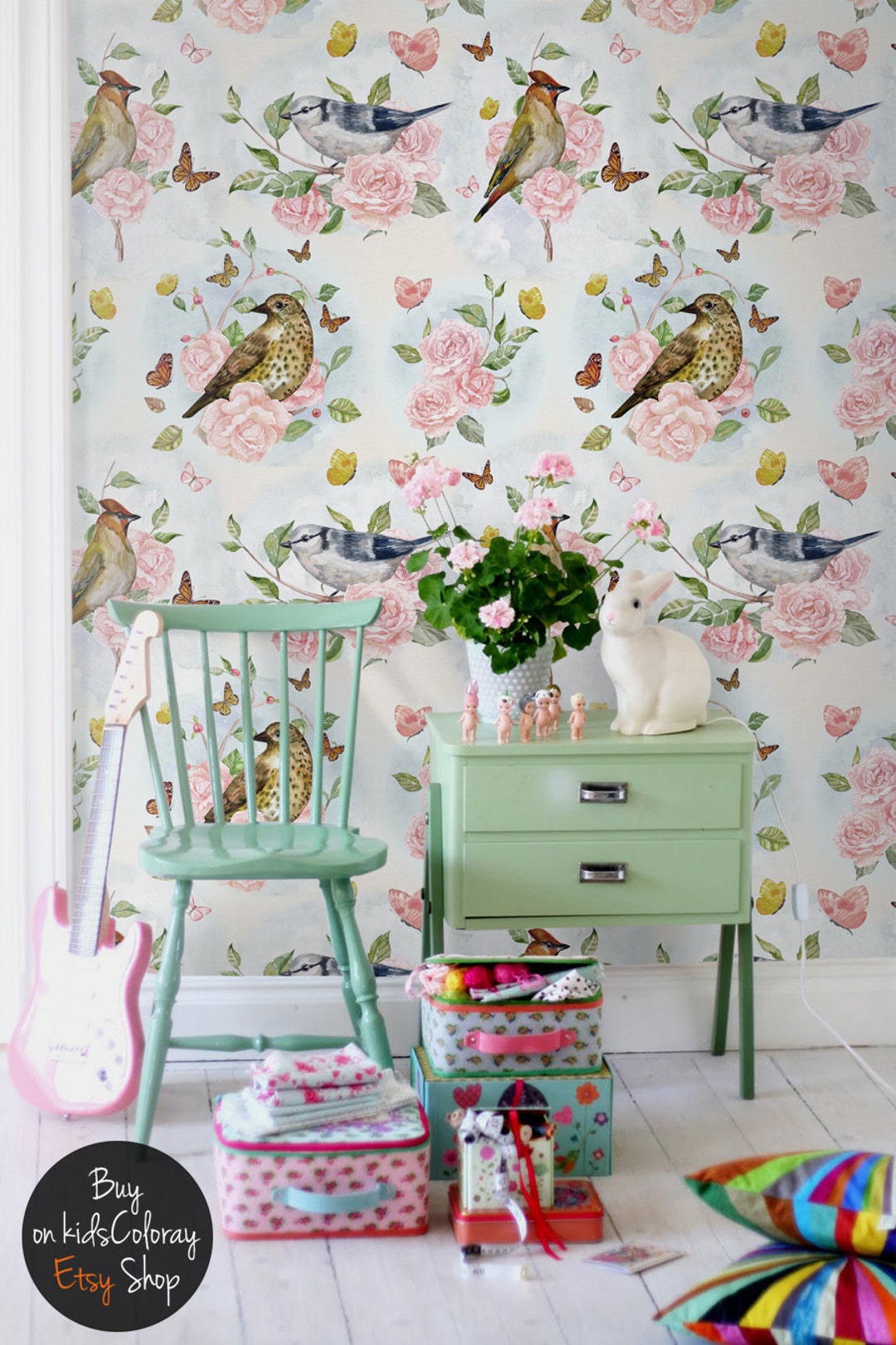 Birds and Flowers, Colorful Removable Wallpaper, Flowers Pattern, Kids ...