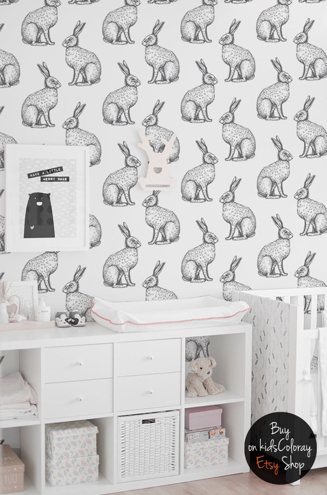 Illustrated Bunnies, Removable Wallpaper Gray, Animal Pattern, Kids ...