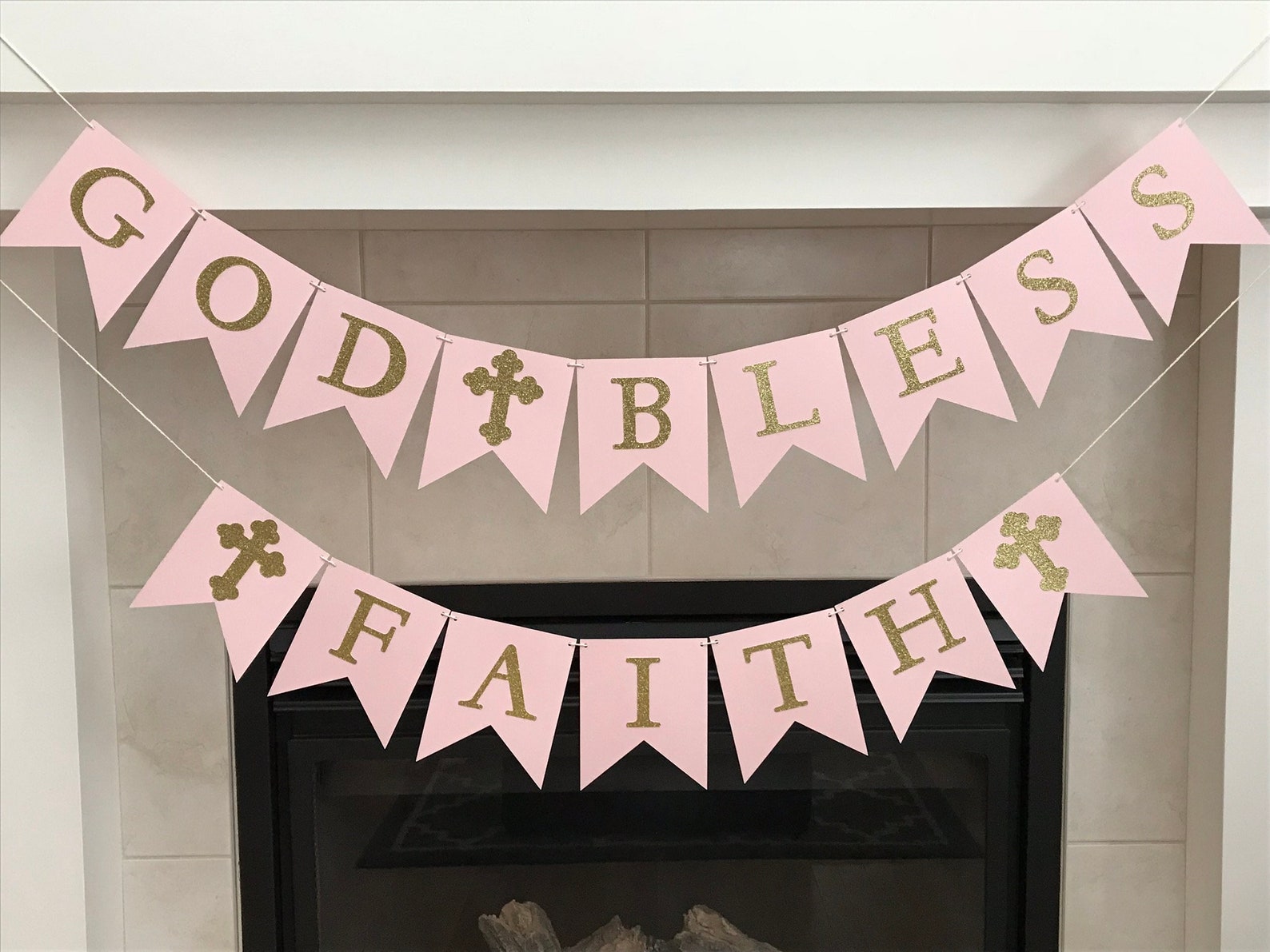 Pink God Bless Banner: Gold Glitter Crosses, Christening Decor - Etsy