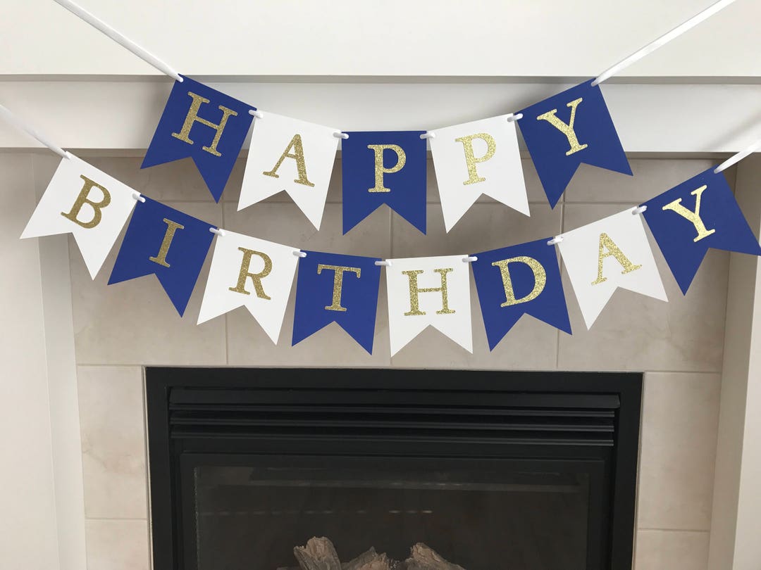 Happy Birthday Banner, Boy Birthday Banner, Blue and Gold, Birthday ...
