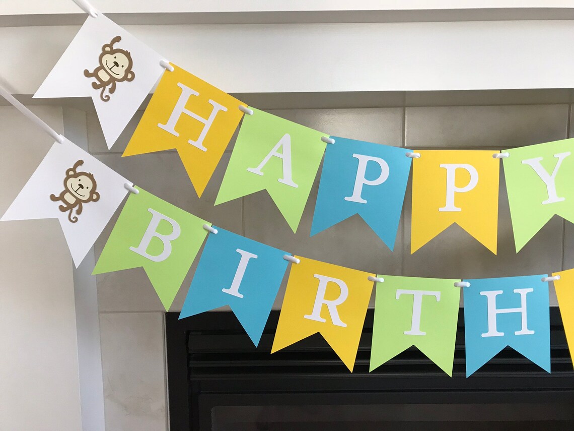 Monkey Birthday Banner Happy Birthday Banner Birthday - Etsy