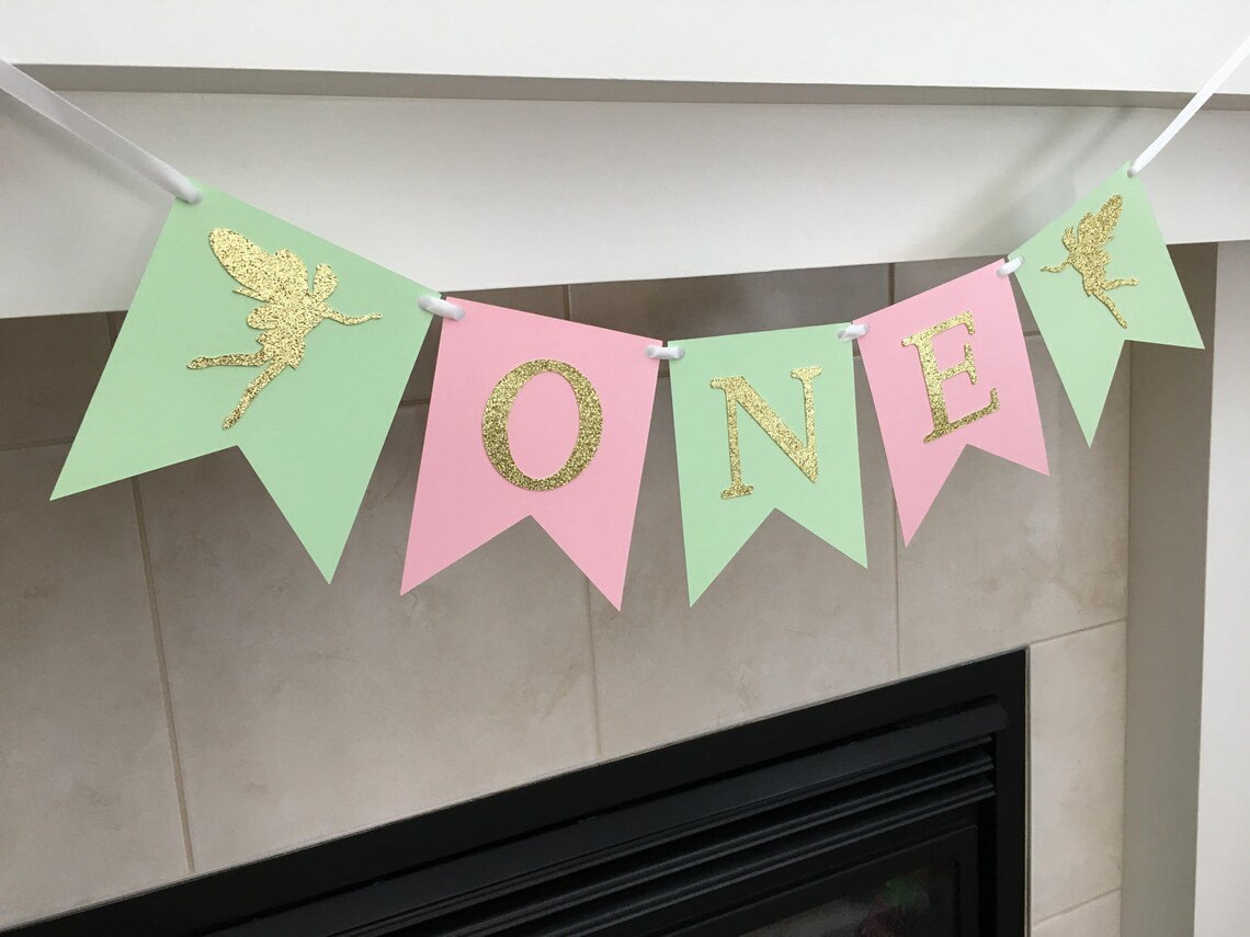 Fairy First Birthday Banner: Gold Glitter Letters, Pink & Mint - Etsy