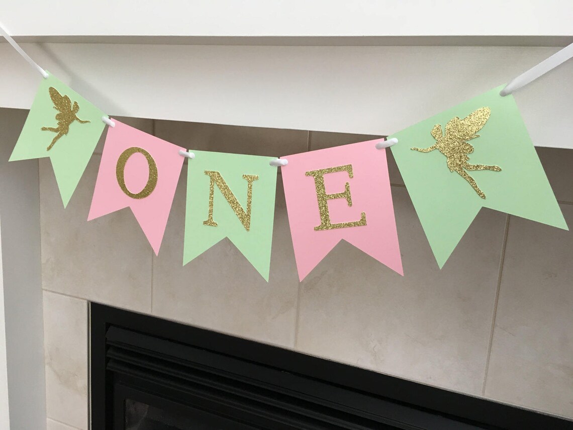 Fairy First Birthday Banner: Gold Glitter Letters, Pink & Mint - Etsy