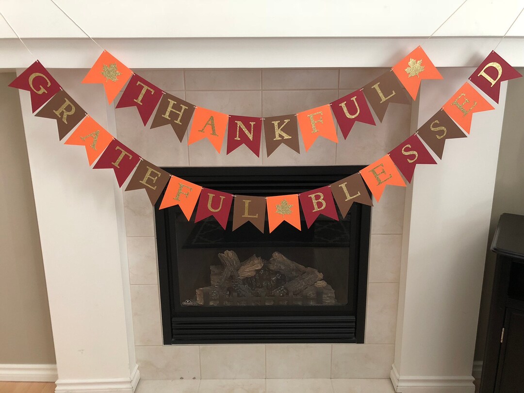 Thankful Grateful Blessed Banner, Thanksgiving Banner, Happy ...