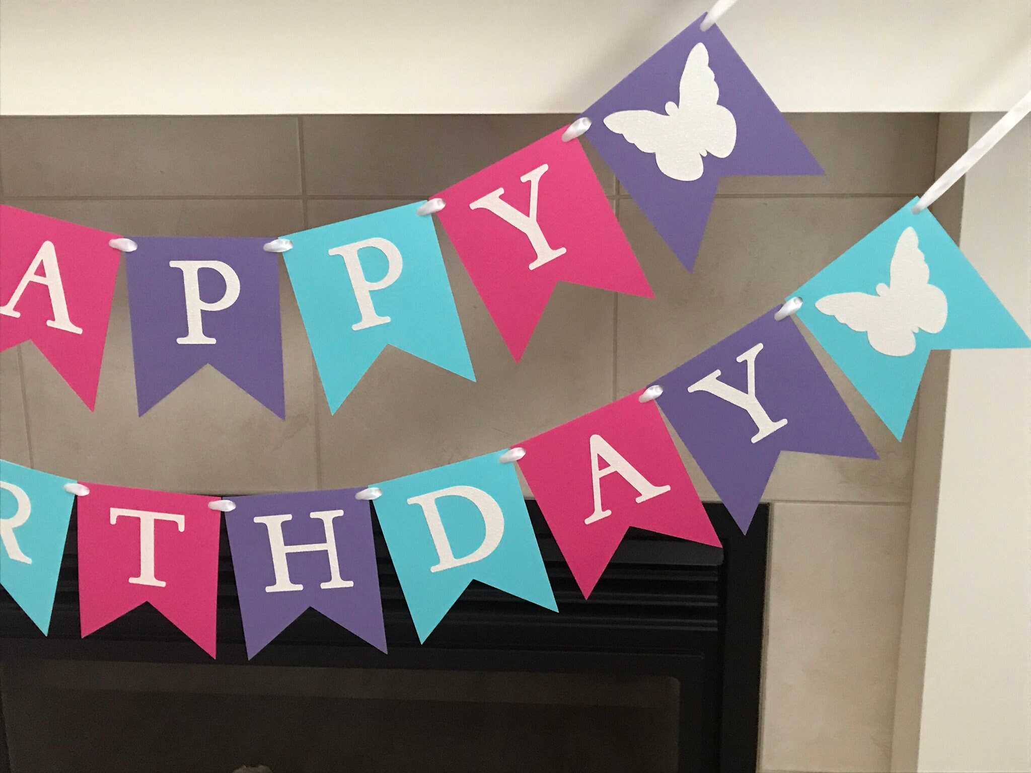 Purple Aqua Pink Butterfly Birthday Banner Happy Birthday - Etsy Canada