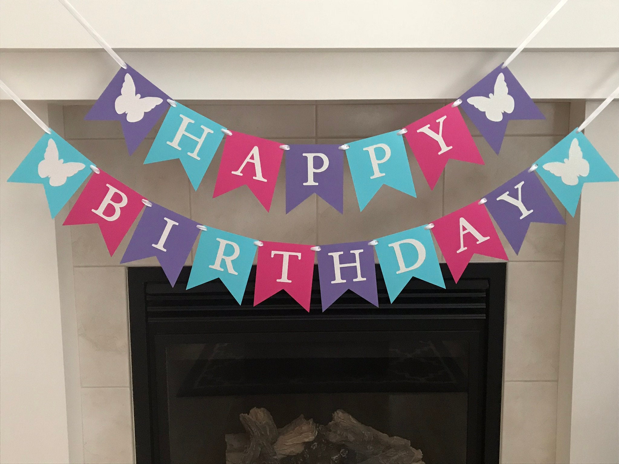 Purple Aqua Pink Butterfly Birthday Banner Happy Birthday - Etsy Canada