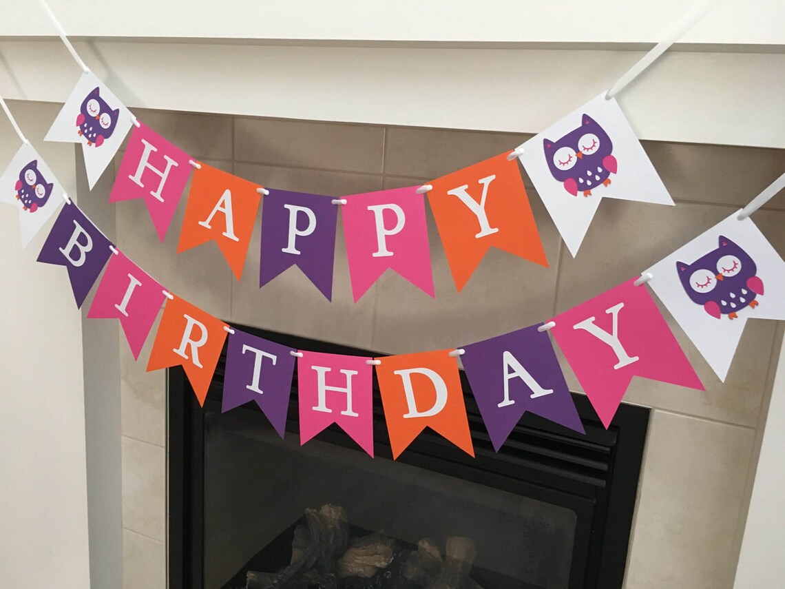 Owl Birthday Banner Happy Birthday Banner Girl Birthday | Etsy
