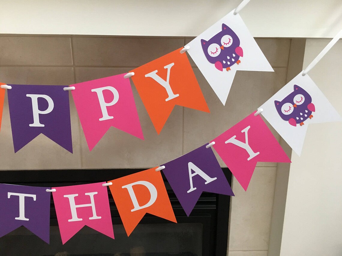 Owl Birthday Banner Happy Birthday Banner Girl Birthday | Etsy