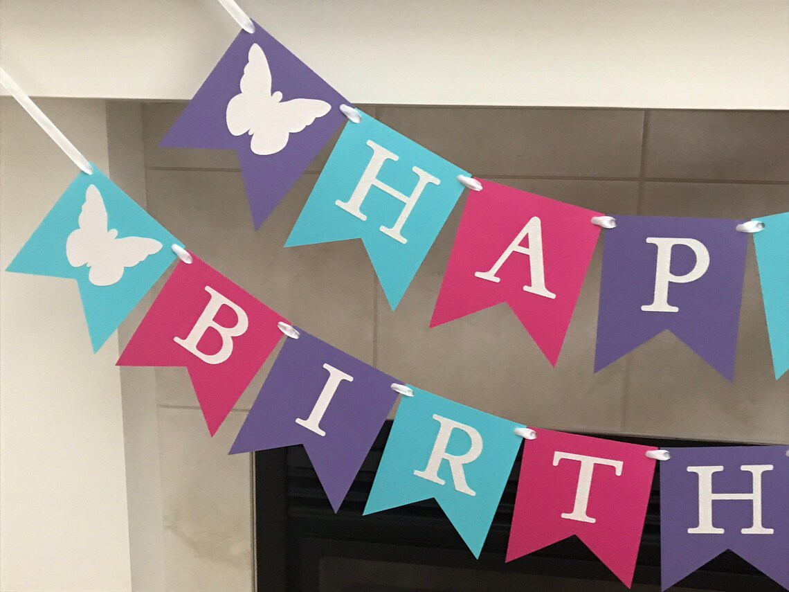 Purple Aqua Pink Butterfly Birthday Banner Happy Birthday - Etsy Canada