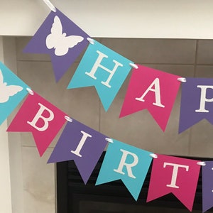 Purple Aqua Pink, Butterfly Birthday Banner, Happy Birthday Banner ...