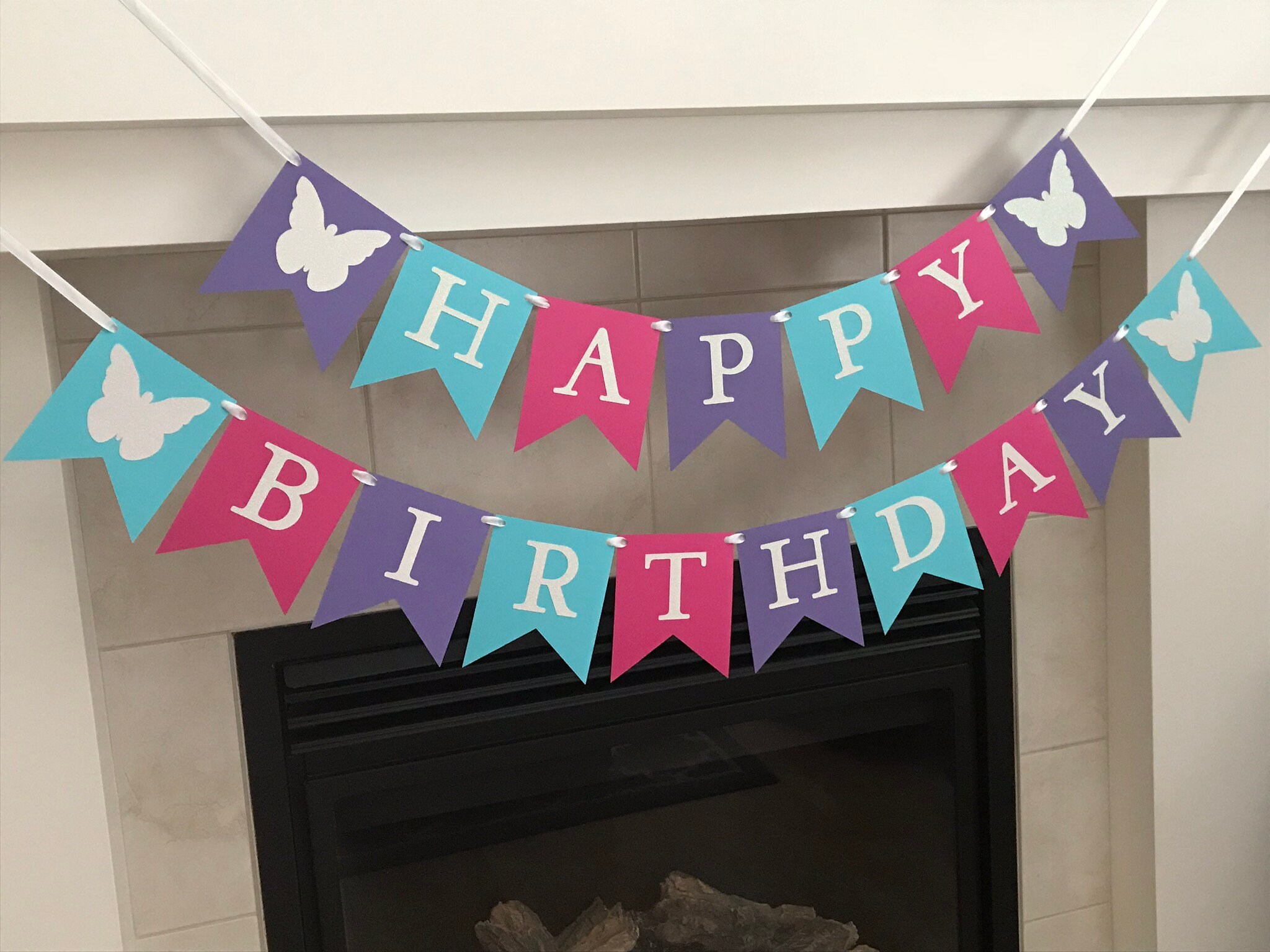Purple Aqua Pink Butterfly Birthday Banner Happy Birthday - Etsy Canada