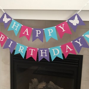 Purple Aqua Pink, Butterfly Birthday Banner, Happy Birthday Banner ...