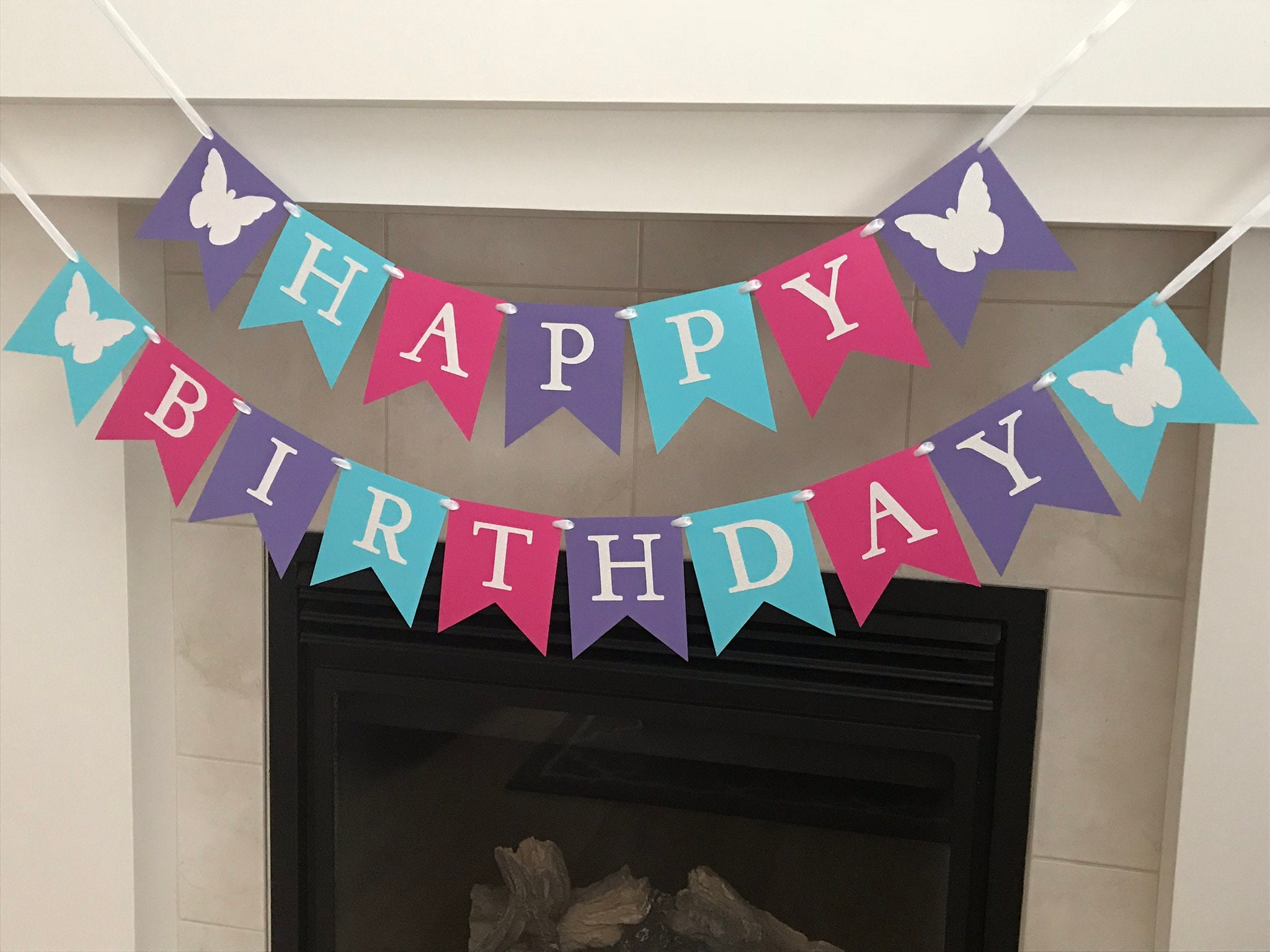Purple Aqua Pink Butterfly Birthday Banner Happy Birthday - Etsy Canada
