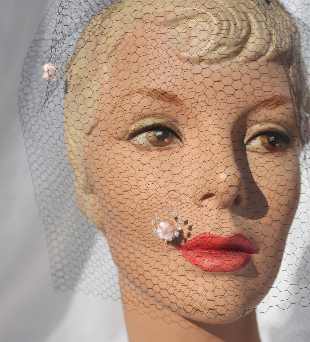 Authentic Vintage French Veiling,antique Black Veil With Pink Dots,hat ...