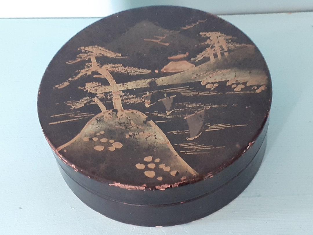 Antique Japanese Black and Gold Papier Mache Trinket Keepsake Box Pot ...