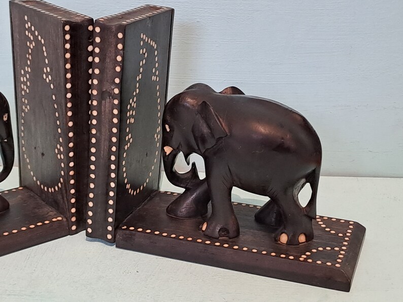Pair Carved Ebony Elephant Bookends With Ceylon Island Inlay Decoration ...