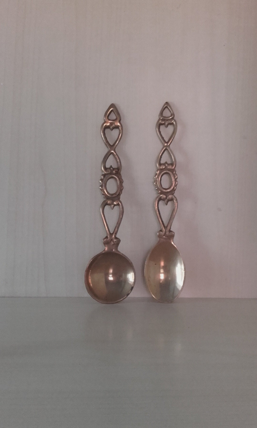 Pair of Brass Love Spoons - Welsh Cawl Spoon and Oval Bowl Spoon ...