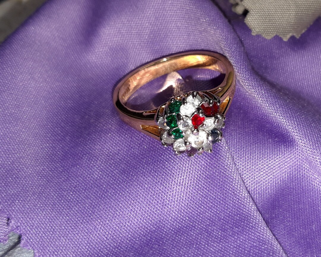 Vintage 18k GE Size 10 Ring. It Has a Multi Color Rhinestone Cluster ...