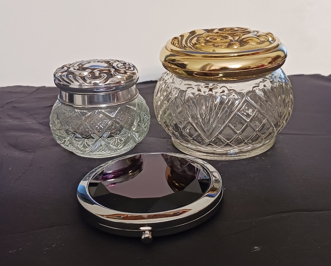 Two Avon Vintage Glass Jars and a Jeweled Mirror Compact. Fast, Free ...