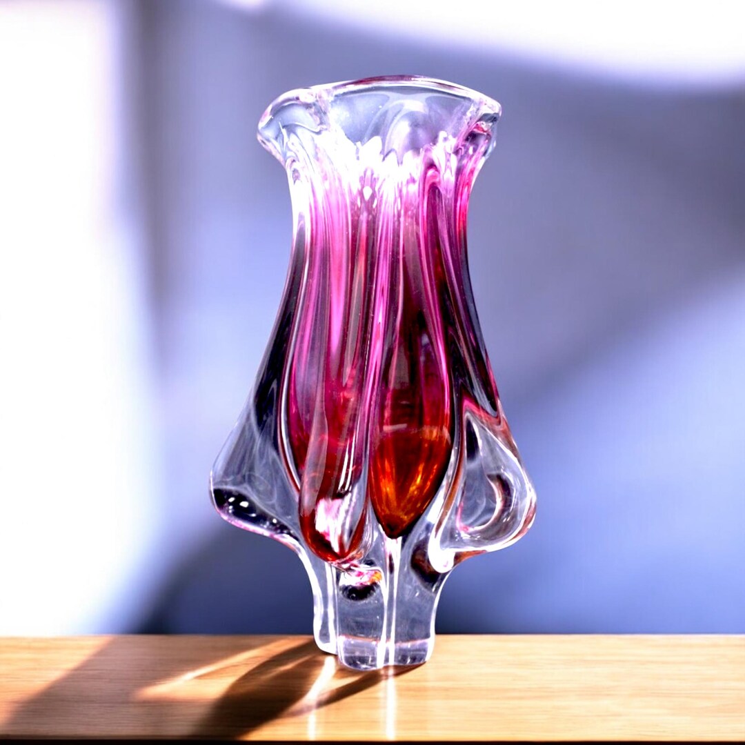 Josef Hospodka Chribska Pink & Clear Glass Vase, 23cm, Czech Art Glass ...