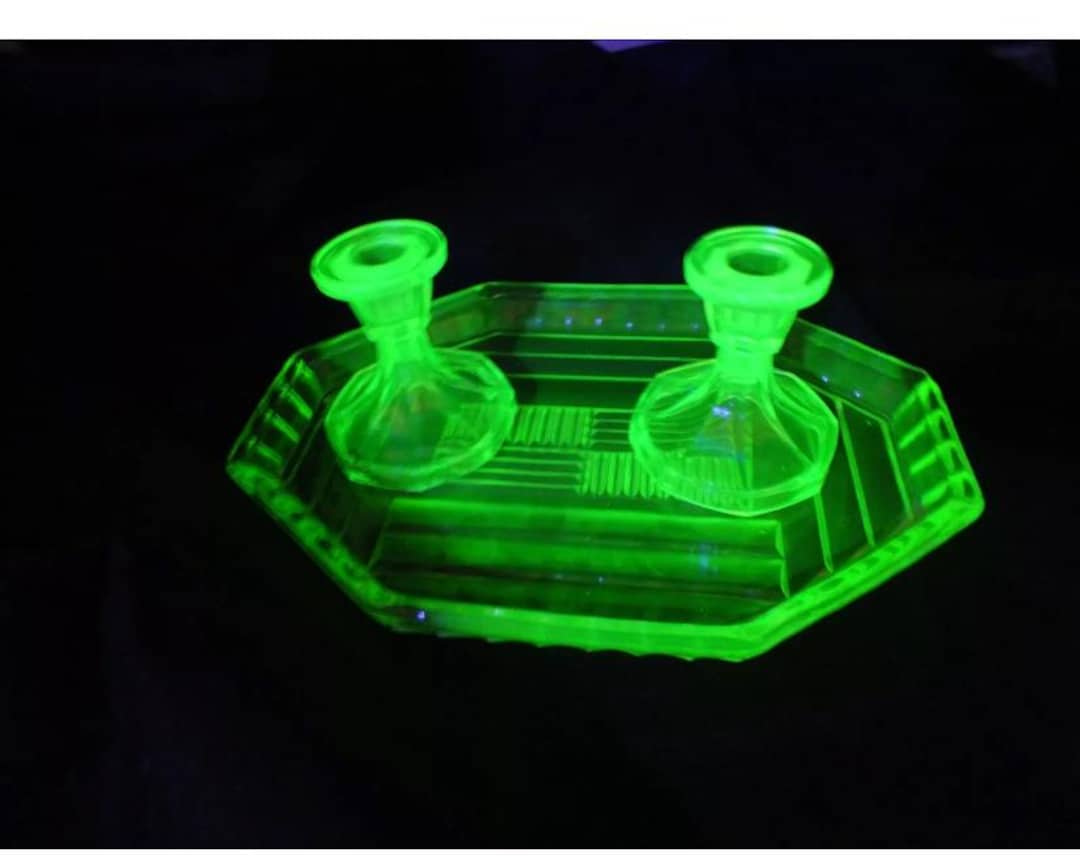 Uranium Glass Tray and Candle Stick Holders - Etsy