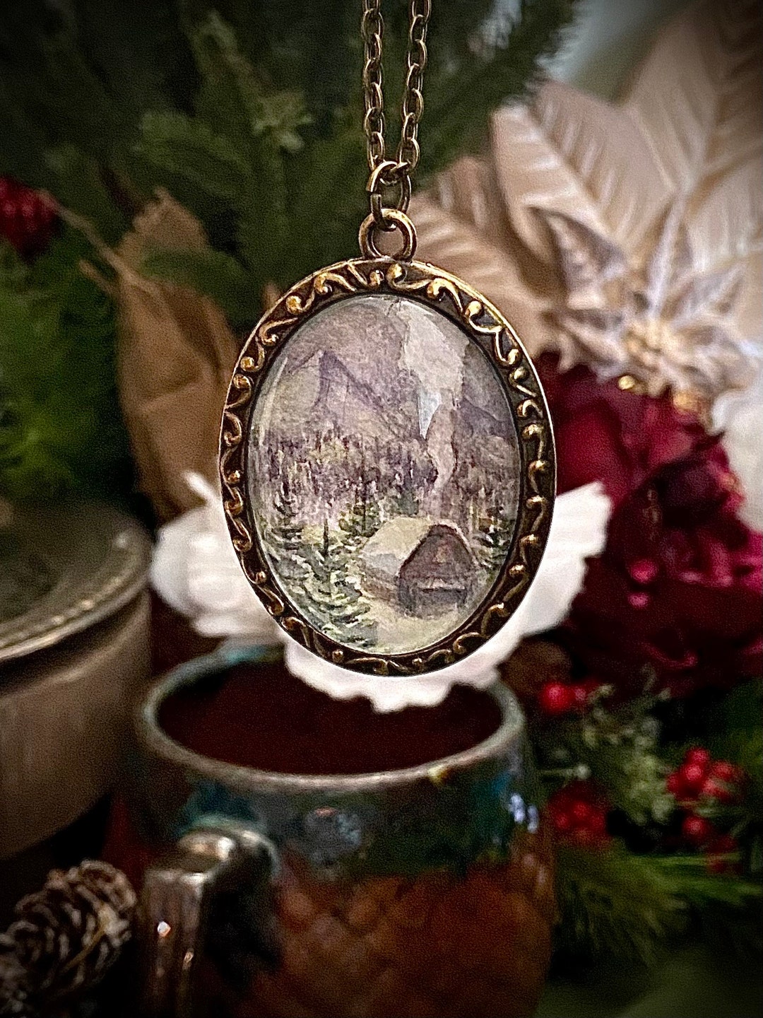Snowy Cabin Scene Pendant Necklace Hand Painted Watercolor Mini ...