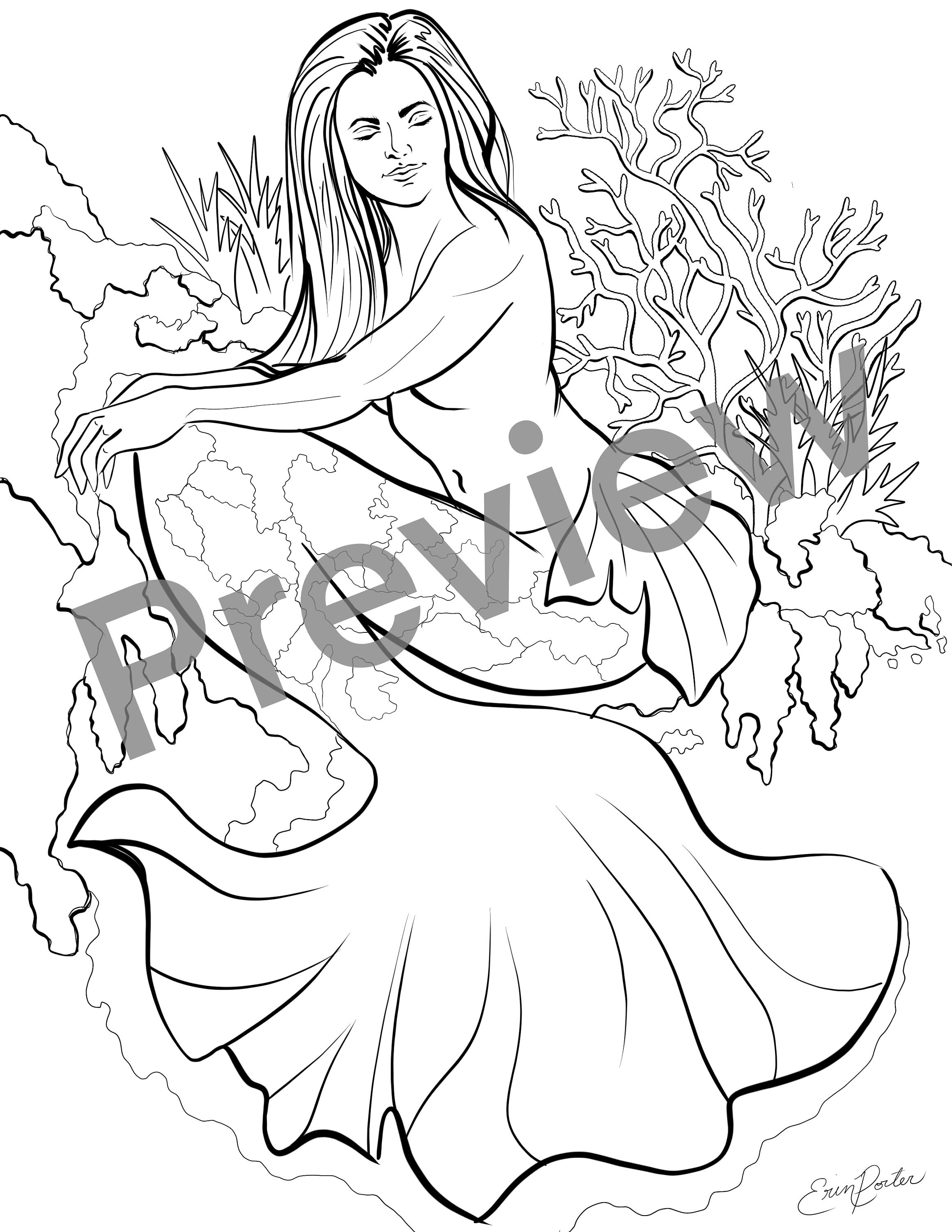 Mermaid Adult Coloring Book | 10 Printable Coloring Pages | Mermaid ...