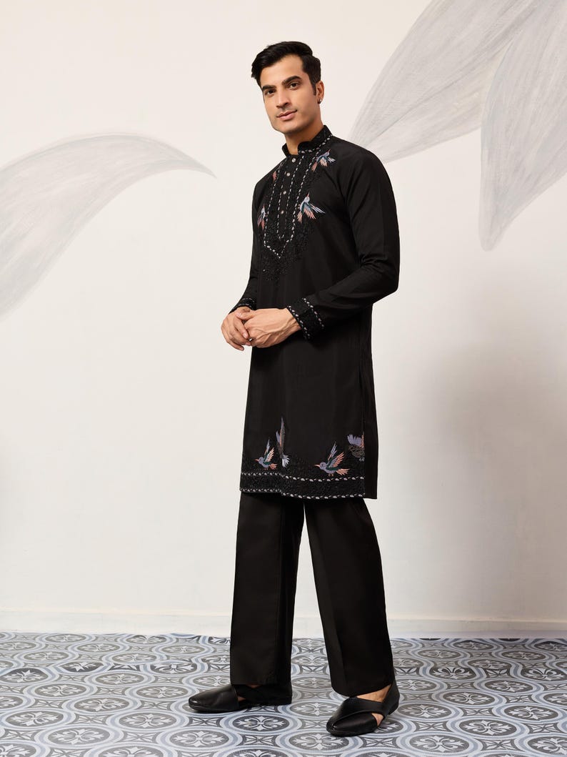 Men's Viscose Silk Kurta Set | Thread & Sequence Embroidery, Indian ...